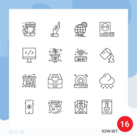 Universal Icon Symbols Group Of 16 Modern Outlines Of Planning Develop International Coding Gear