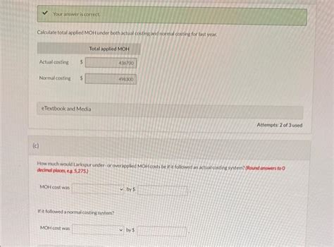 Solved Your Answer Is Correct Calculate Total Applied MOH Chegg Com