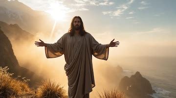 Jesus Christ With Outstretched Arms Against A Dramatic Sunset Premium