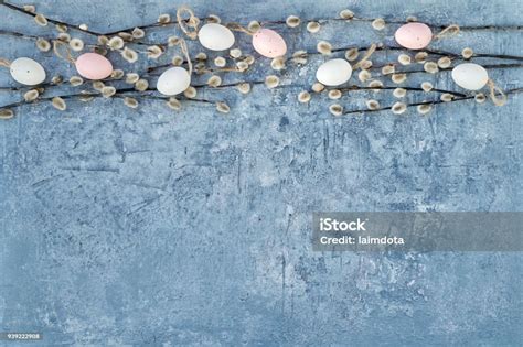 부활절 배경입니다 버드 나무 분 지 파란색 바탕에 분홍색과 흰색 부활절 달걀 상위 뷰 복사 공간 0명에 대한 스톡 사진 및 기타 이미지 Istock