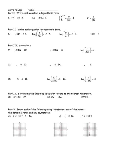 Intro To Logarithms Worksheet printable pdf download
