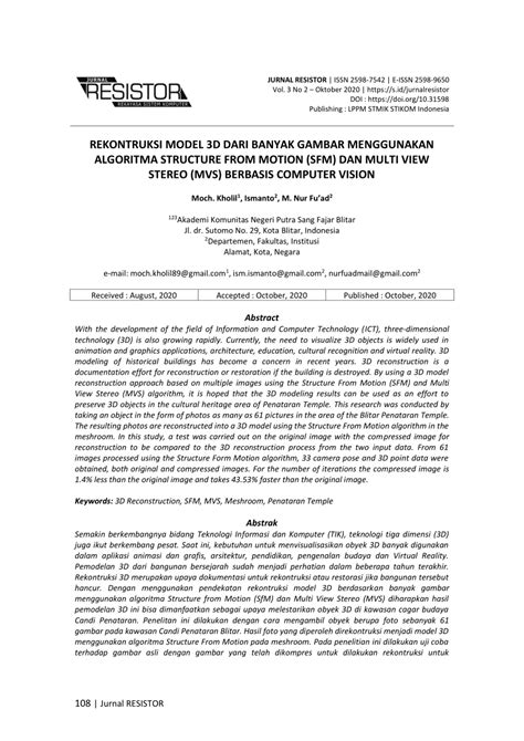 Pdf Rekontruksi Model 3d Dari Banyak Gambar Menggunakan Algoritma Structure From Motion Sfm