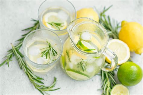 라임 레몬 로즈마리 허브를 곁들인 레모네이드 주스 신선한 여름 얼음 음료 디톡스 Ifused 물 레몬 라임 주스 슬라이스와 얼음