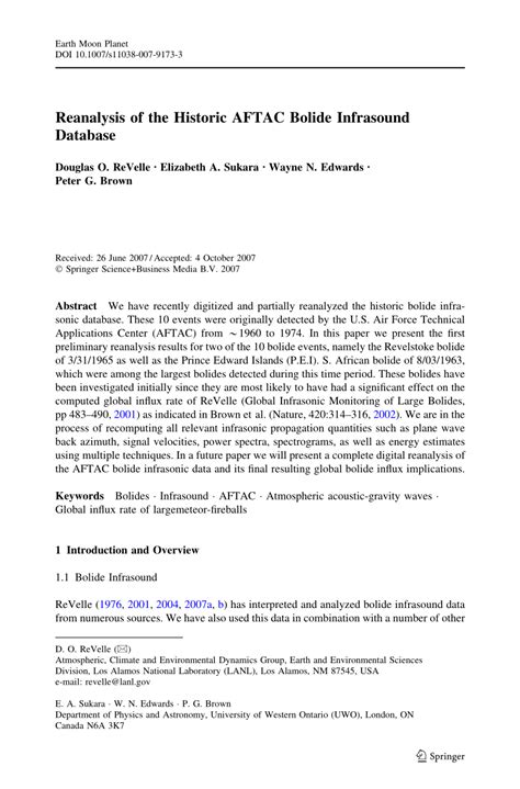 Pdf Reanalysis Of The Historic Aftac Bolide Infrasound Database