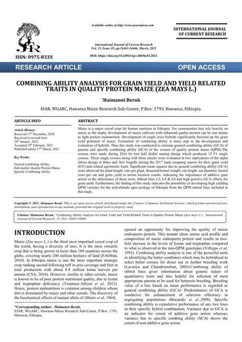 Pdf Combining Ability Analysis For Grain Yield And Yield Related Traits In Quality Protein