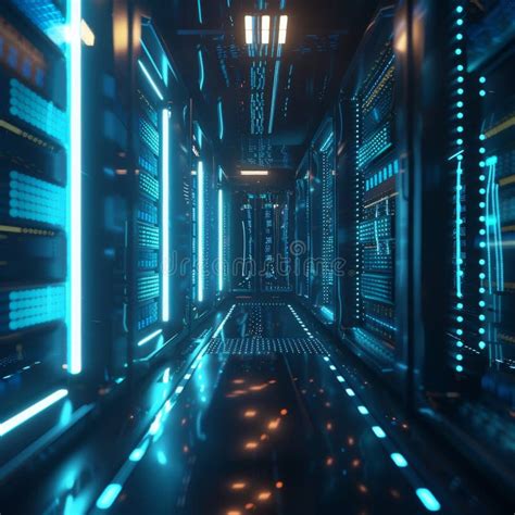 high tech data center with futuristic servers and blue lights
