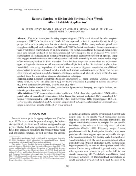 Pdf Remote Sensing To Distinguish Soybean From Weeds After Herbicide