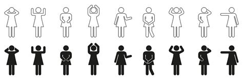 여성 인간의 모습 라인과 실루엣 아이콘 세트입니다 여자 지팡이 그림 제스처 포즈 및 표정 윤곽선 입체 모음 편집 가능한 획 고립된 벡터 삽화 가득 찬에 대한 스톡 벡터 아트