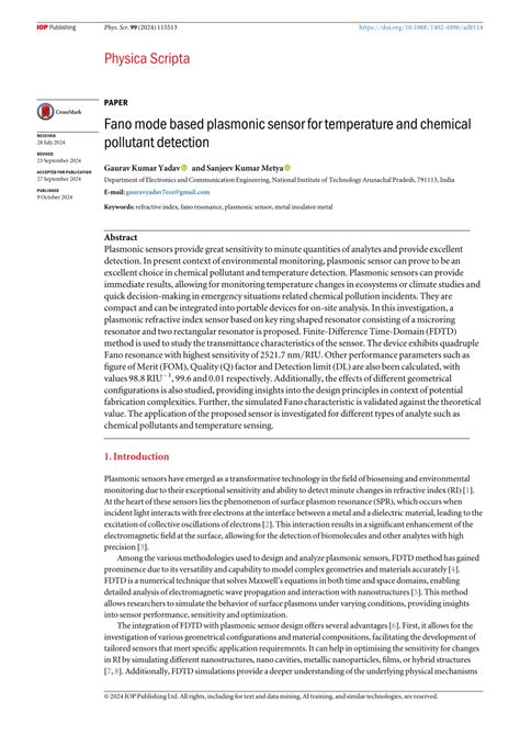 Fano Mode Based Plasmonic Sensor For Temperature And Chemical Pollutant Detection Request Pdf