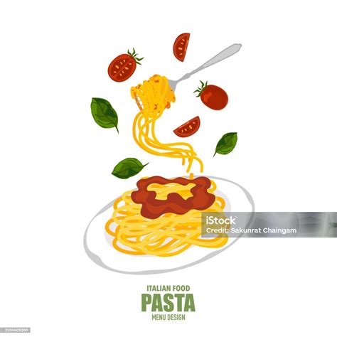 맛있는 음식 벡터 일러스트 레이 션 세트입니다 이탈리안 파스타 스타일 메뉴 파스타와 함께 포크 빨간 토마토 소스를 곁들인 황금빛 노란색 스파게티 파스타 플레이트 맛있고