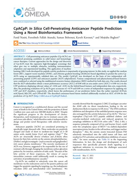 Pdf Cpacpp In Silico Cell Penetrating Anticancer Peptide Prediction Using A Novel