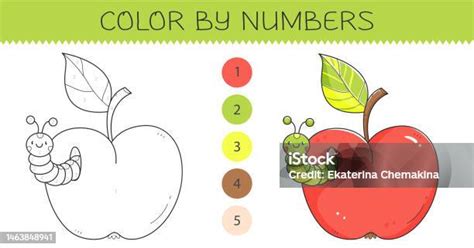 사과와 애벌레와 아이들을위한 숫자 색칠 공부 책으로 색칠하십시오 귀여운 만화 사과와 벌레가 있는 색칠하기 페이지 흑백 및 컬러 버전 0명에 대한 스톡 벡터 아트 및 기타