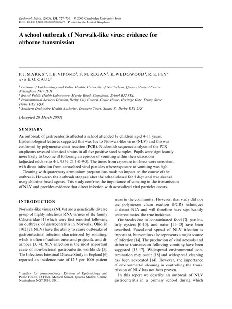 Pdf A School Outbreak Of Norwalk Like Virus Evidence For Airborne