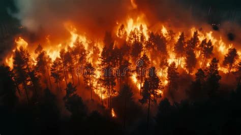 Raging Forest Fire Consuming Trees In Intense Flames Aerial View Of A Destructive Wildfire