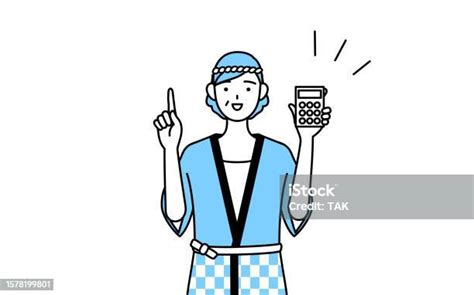 여름 축제를 위해 해피 코트를 입은 노인 여성이 계산기를 들고 가리키고 있다 Matsuri에 대한 스톡 벡터 아트 및 기타