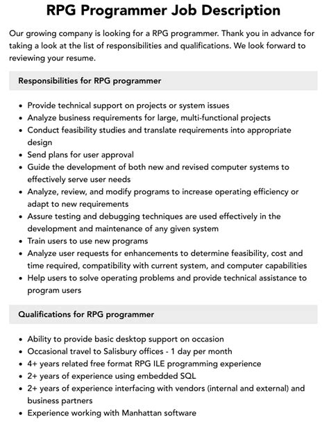 RPG Programmer Job Description Velvet Jobs