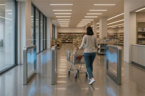 A Woman With A Shopping Cart Exiting A Modern Automated Store Passing