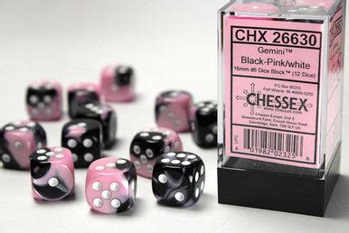 Gemini 16mm D6 Black Pinkwhite Dice Block 12 Dice Gcmini