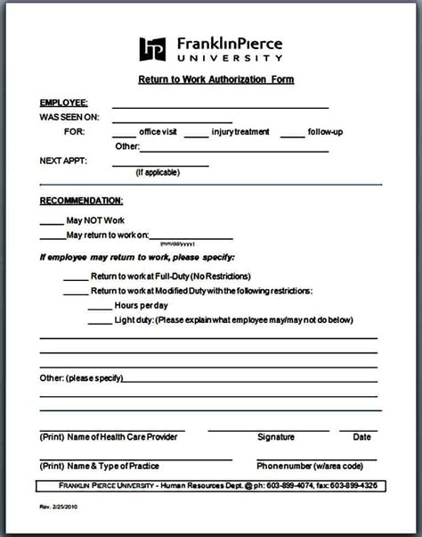 Return To Work Authorization Form