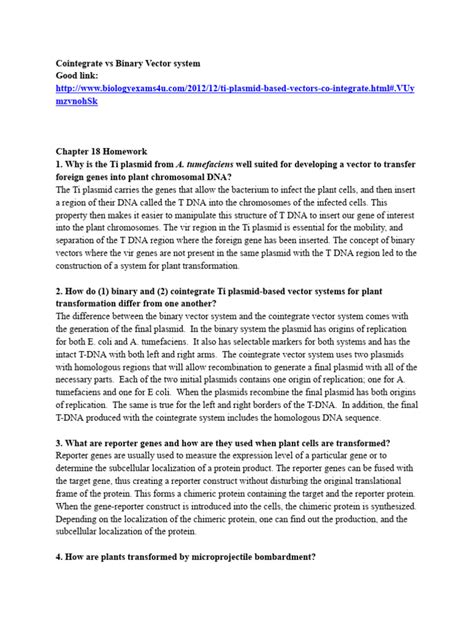 Cointegrate Vs Binary Vector Systemdocx Pdf Vector Molecular