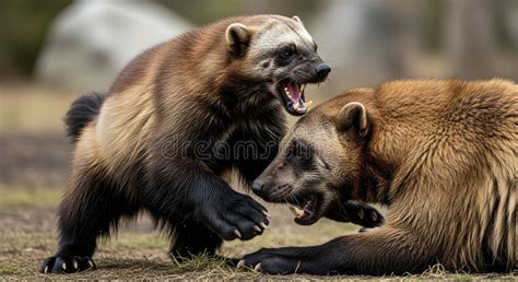 Two Wolverines Fiercely Fighting In A Natural Outdoor Environment With