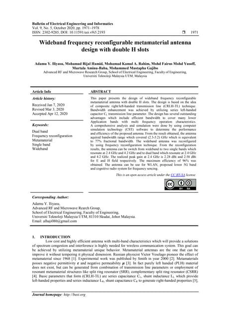 Wideband Frequency Reconfigurable Metamaterial Antenna Design With Double H Slots Pdf