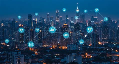 Smart City A Nighttime Visualization Of Iot Network Connectivity Stock Illustration