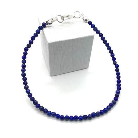 Pulsera Lapislázuli Tallada Bolas 3mm Plata De Ley Tierra De Gemas