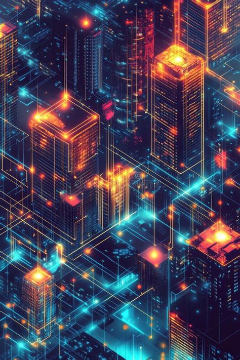 Isometric Illustration Of Connected Data Nodes In A Futuristic Urban Landscape Stock