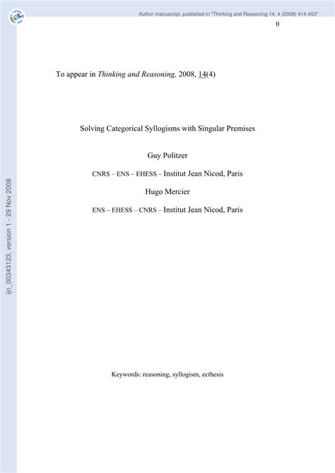 Pdf Solving Categorical Syllogisms With Singular Premises