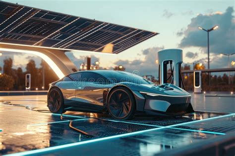 Futuristic Car Parked In Front Of Solar Panel Renewable Energy And