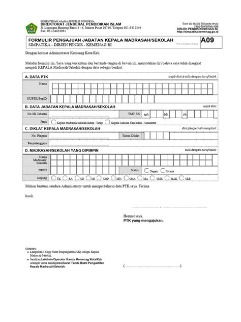 Formulir A09 Pengajuan Jabatan Kepala Madrasah Sekolah Formulir
