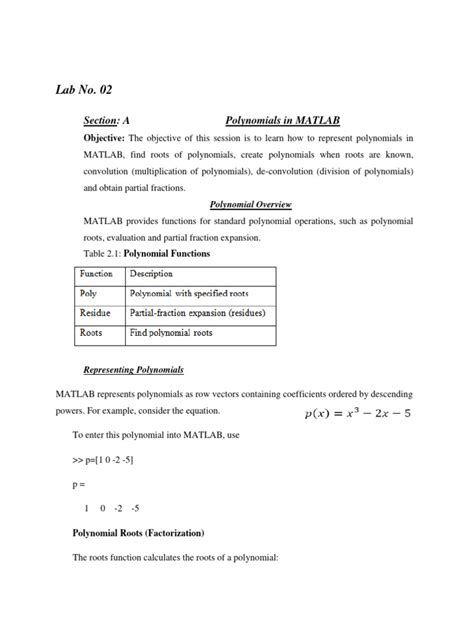 Lab 2 Course Matlab Manual For Lcs Pdf Laplace Transform Polynomial