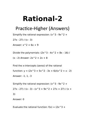 Rational Practice Answers Rational Practice Answers Simplify The Rational Expression X