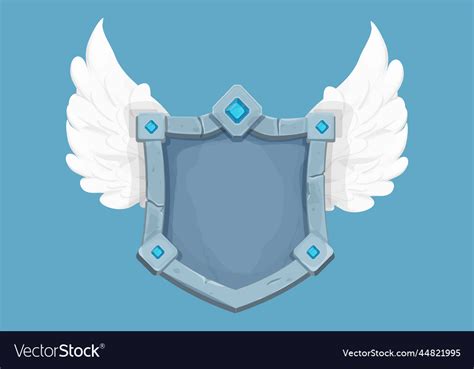 Stone Shield Frame With Gemstones And Wings Game Vector Image