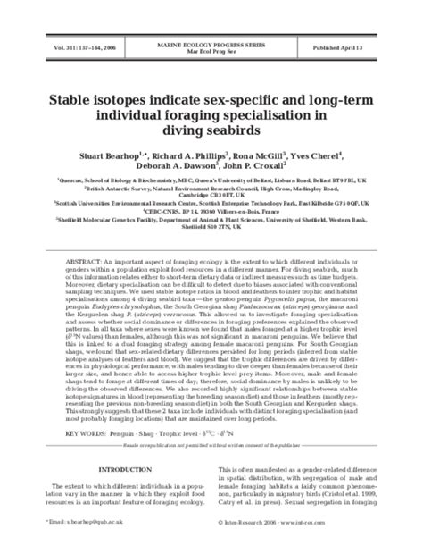 Pdf Stable Isotopes Indicate Sex Specific And Long Term Individual