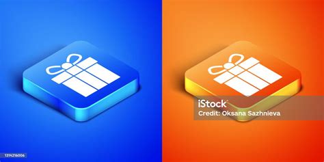 파란색과 주황색 배경에 격리된 등색 기프트 박스 아이콘입니다 정사각형 버튼입니다 벡터 3차원 형태에 대한 스톡 벡터 아트 및 기타 이미지 3차원 형태 공휴일 기념일