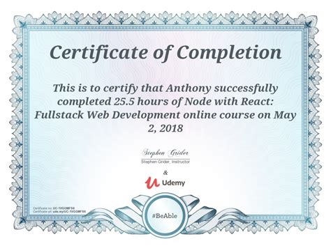 anthony jereley on linkedin completion certificate for node with react fullstack web development