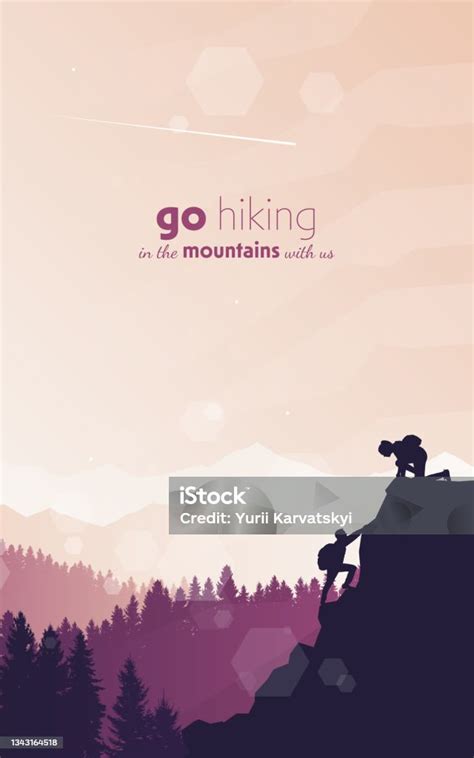 자연을 발견하고 탐험하고 관찰하는 여행 개념 하이킹 관광 모험 한 친구들이 산을 오르고 있다 팀워크 벡터 다각형 풍경 그림 미니멀 한 플랫 디자인 걷기에 대한 스톡 벡터