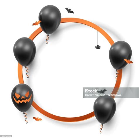 사실적인 검은 풍선 리본 박쥐 색종이 조각 거미와 생강 주황색 종이 원형 프레임 카드 할로윈 파티 디자인 전단지 포스터 배너 웹 광고에 대 한 벡터 일러스트 레이 션 3차원