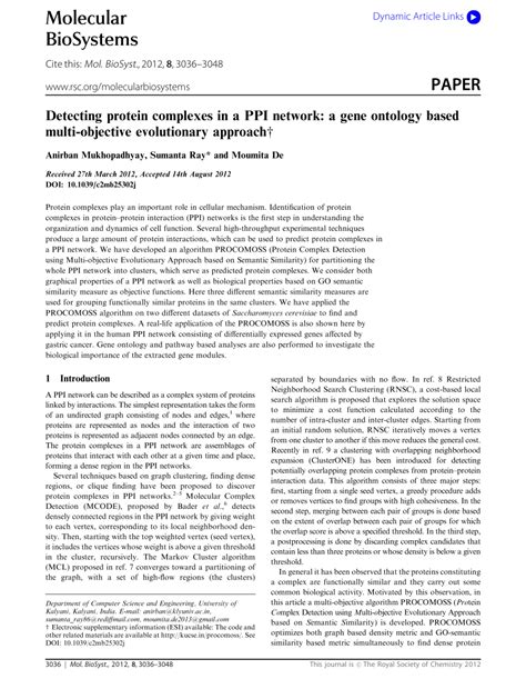 Pdf Detecting Protein Complexes In A Ppi Network A Gene Ontology Based Multi Objective