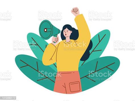 항의하는 여자와 벡터 일러스트레이션 스피커를 가진 소녀 항의 메가폰으로 외치는 여자 Revolution에 대한 스톡 벡터 아트 및 기타 이미지 Revolution 단일