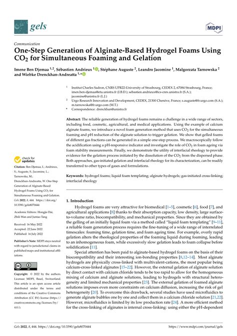 Pdf One Step Generation Of Alginate Based Hydrogel Foams Using Co2 For Simultaneous Foaming