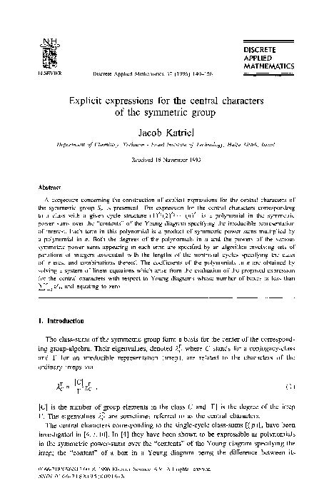 Pdf Explicit Expressions For The Central Characters Of The Symmetric