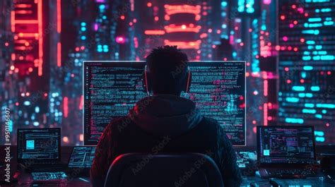 Cyberpunk Coding Lab Laptop With Holographic Code And Advanced Tech