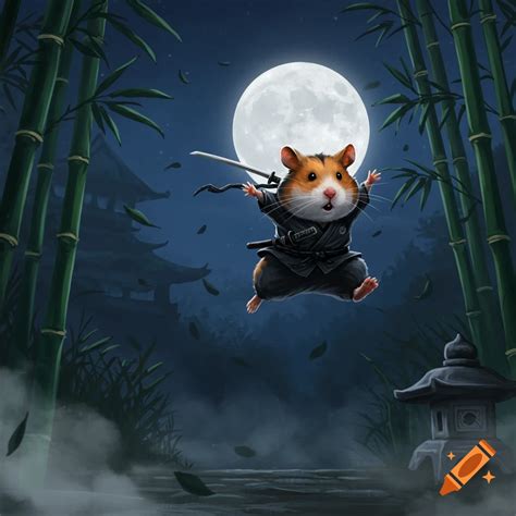 A Cute Hamster Ninja Crouches On A Bamboo Stalk At Night With