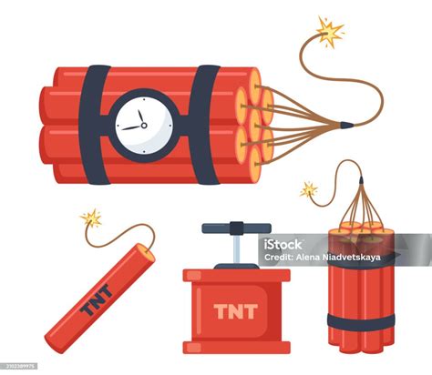 Dynamite Sticks Set Red Sticks With Burning Fuses And Explosion Timer Trinitrotoluene Explosive ...