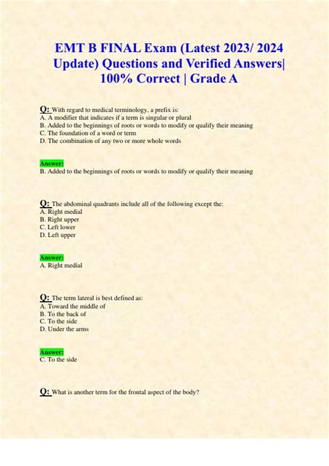 EMT B FINAL Exam Latest 2023 2024 Update Questions And Verified Answers 100 Correct Grade