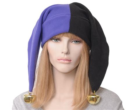 Jester Hat Purple And Black With Oversize Gold Ball Bells Fleece Adult Men Women Cosplay