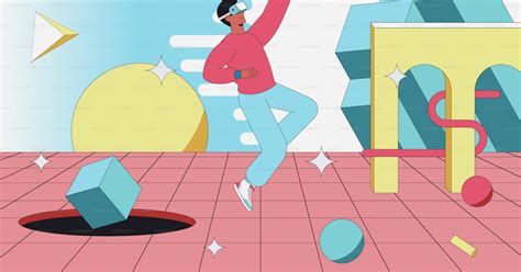 부루 현실을 탐험하는 남자 기하학적 개체 사이에 떠 있는 사용자입니다 devekjping vr 기술의 현대 작풍 개념 벡터